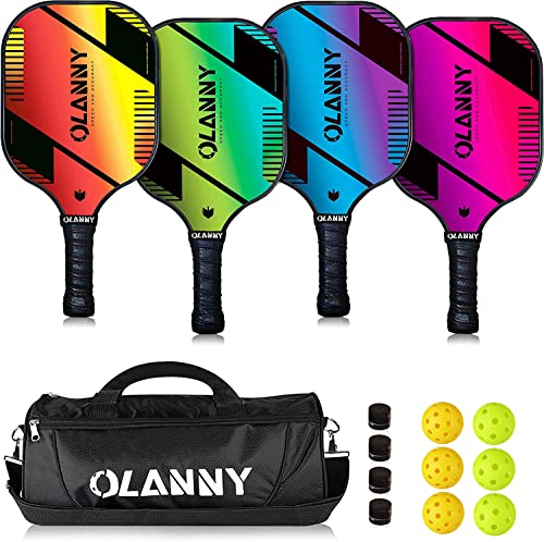 OLANNY Pickleball Paddles Set of 4 Graphite Pickleball Set with Honeycomb Core and Comfort Grip,Pickle-Ball Equipment Includes 4 Pickleball Racquets,6 Balls,4 Pickleball Grip Tape & 1 Portable Bag