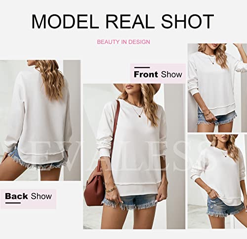 EVALESS White Sweatshirt for Women Long Sleeve Side Split Irregular Curved Hem Tops Comfort Colors Crewneck Cotton Sweatshirts Womens Fall Fashion 2023 Teacher Outfits Casual Loose Pullover Medium