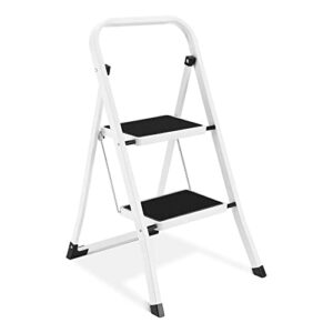 2 step ladder, lightweight folding step stools for adults with anti-slip pedal, portable sturdy steel ladder with handrails, perfect for kitchen & household, 330 lbs capacity, white