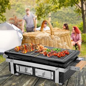 Onlyfire Charcoal BBQ Grill Hibachi Grill with Grid Lifter, Rectangular Portable Grill with Stainless Steel Griill Grate, BBQ Grill for Outdoor Camping Picnic Patio Backyard Cooking, 16 x 9 Inch Black