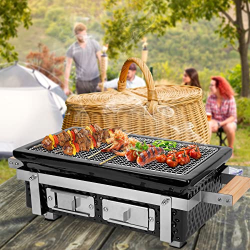 Onlyfire Charcoal BBQ Grill Hibachi Grill with Grid Lifter, Rectangular Portable Grill with Stainless Steel Griill Grate, BBQ Grill for Outdoor Camping Picnic Patio Backyard Cooking, 16 x 9 Inch Black