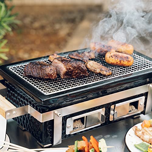 Onlyfire Charcoal BBQ Grill Hibachi Grill with Grid Lifter, Rectangular Portable Grill with Stainless Steel Griill Grate, BBQ Grill for Outdoor Camping Picnic Patio Backyard Cooking, 16 x 9 Inch Black