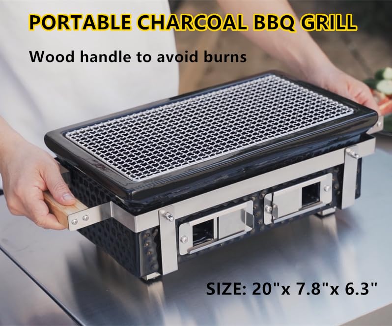 Onlyfire Charcoal BBQ Grill Hibachi Grill with Grid Lifter, Rectangular Portable Grill with Stainless Steel Griill Grate, BBQ Grill for Outdoor Camping Picnic Patio Backyard Cooking, 16 x 9 Inch Black