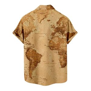 hhaappyy Hawaiian Shirt for Men Funky Casual Button Down Short Sleeve Unisex Beach Shirts Fashion World Map Print Summer Tops, 03-gold, X-Large