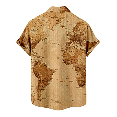 hhaappyy Hawaiian Shirt for Men Funky Casual Button Down Short Sleeve Unisex Beach Shirts Fashion World Map Print Summer Tops, 03-gold, X-Large