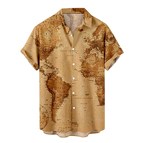 hhaappyy Hawaiian Shirt for Men Funky Casual Button Down Short Sleeve Unisex Beach Shirts Fashion World Map Print Summer Tops, 03-gold, X-Large