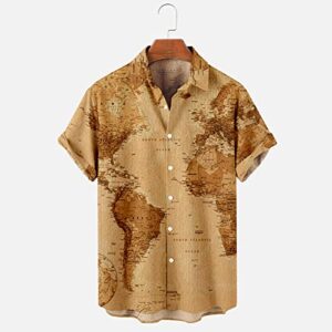 hhaappyy Hawaiian Shirt for Men Funky Casual Button Down Short Sleeve Unisex Beach Shirts Fashion World Map Print Summer Tops, 03-gold, X-Large