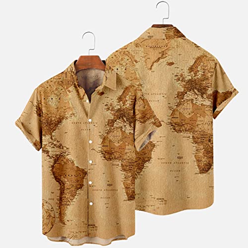 hhaappyy Hawaiian Shirt for Men Funky Casual Button Down Short Sleeve Unisex Beach Shirts Fashion World Map Print Summer Tops, 03-gold, X-Large