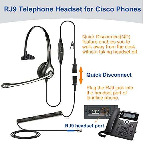 Wantek Phone Headset with Microphone Noise Cancelling and Quick Disconnect Cord, RJ9 Telephone Headsets Compatible with Cisco IP Phones 6851 7821 7841 7861 7941 7942 7945 7962 7965 8811 8841 8845 8851