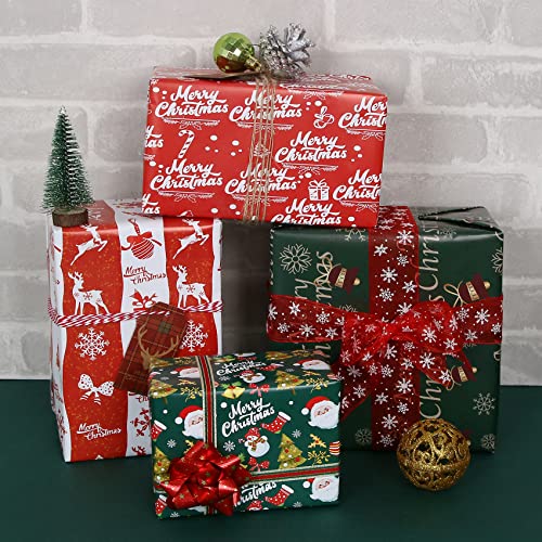 Aimyoo Red and Green Christmas Gift Wrapping Paper Bundle 4 Rolls 17 in x 16 ft per Roll, Merry Christmas Santa Claus Bells Deer Candy Canes Design