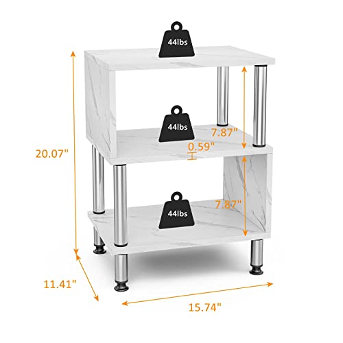 HMFOR Small End Table, S-Shape Nightstand for Living Room, Sofa Tables with Storage, 3 Tier Shelf Corner Side Table for Small Spaces, 15.74“L x 11.41" W x 20.07" H, White Faux Marble