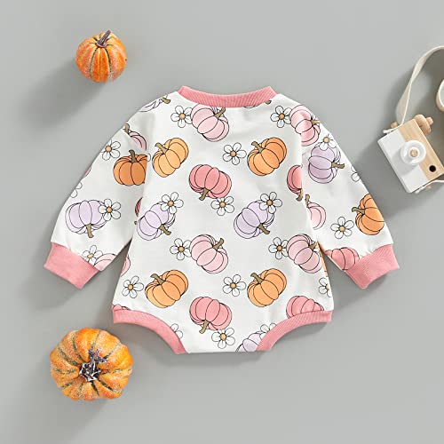 Thanksgiving Outfit Newborn Infant Baby Girl Pumpkin Sweatshirt Onesie Long Sleeve Bubble Romper Fall Winter Clothes (Pumpkin Pink, 0-3 Months)