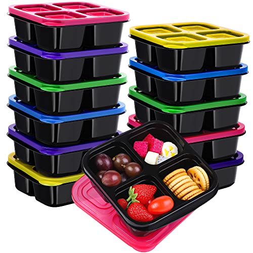 Aodaer 12 Pack 4 Compartment Reusable Snack Box Plastic Bento Lunch Box Divided Food Storage Containers for Work Travel, Black