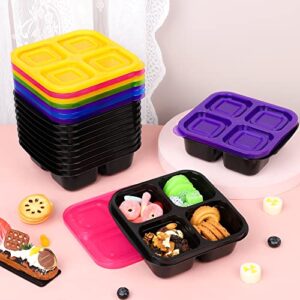 Aodaer 12 Pack 4 Compartment Reusable Snack Box Plastic Bento Lunch Box Divided Food Storage Containers for Work Travel, Black