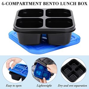 Aodaer 12 Pack 4 Compartment Reusable Snack Box Plastic Bento Lunch Box Divided Food Storage Containers for Work Travel, Black