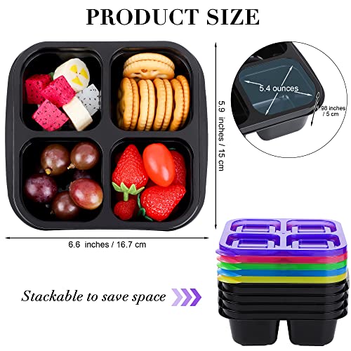 Aodaer 12 Pack 4 Compartment Reusable Snack Box Plastic Bento Lunch Box Divided Food Storage Containers for Work Travel, Black