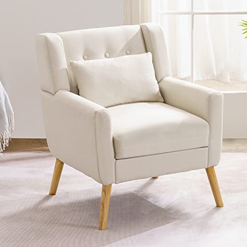 IDEALISMLIVING Accent Sofa Chair with Solid Wood Legs, Upholstered Button Tufted Mid Century Modern Reading Armchair for Bedroom, Living Room, Study Room (Beige)