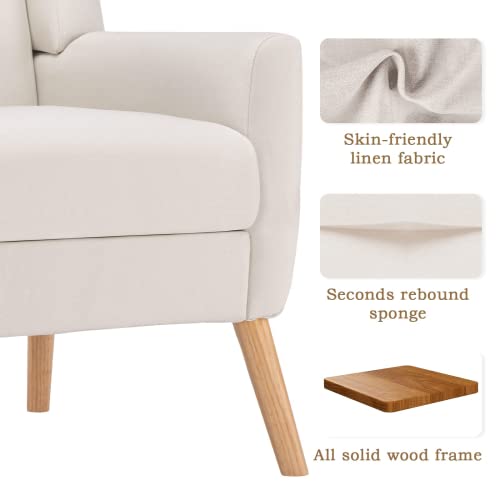 IDEALISMLIVING Accent Sofa Chair with Solid Wood Legs, Upholstered Button Tufted Mid Century Modern Reading Armchair for Bedroom, Living Room, Study Room (Beige)