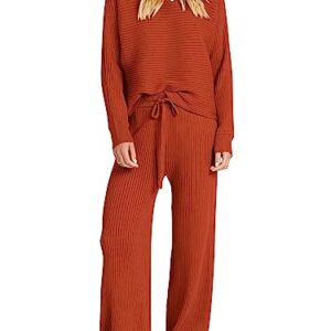 ANRABESS Women's 2 Piece Sweater Lounge Set Creneck Long Sleeve Ribbed Knit Pullover Crop Top and Straight Pants 582shenxiuhong-S Rust