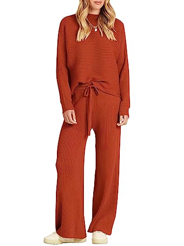 ANRABESS Women's 2 Piece Sweater Lounge Set Creneck Long Sleeve Ribbed Knit Pullover Crop Top and Straight Pants 582shenxiuhong-S Rust