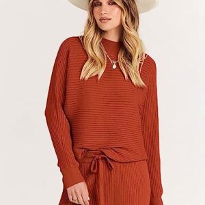 ANRABESS Women's 2 Piece Sweater Lounge Set Creneck Long Sleeve Ribbed Knit Pullover Crop Top and Straight Pants 582shenxiuhong-S Rust