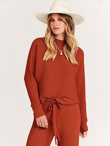 ANRABESS Women's 2 Piece Sweater Lounge Set Creneck Long Sleeve Ribbed Knit Pullover Crop Top and Straight Pants 582shenxiuhong-S Rust