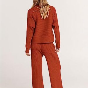 ANRABESS Women's 2 Piece Sweater Lounge Set Creneck Long Sleeve Ribbed Knit Pullover Crop Top and Straight Pants 582shenxiuhong-S Rust