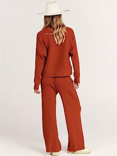 ANRABESS Women's 2 Piece Sweater Lounge Set Creneck Long Sleeve Ribbed Knit Pullover Crop Top and Straight Pants 582shenxiuhong-S Rust