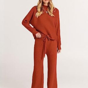 ANRABESS Women's 2 Piece Sweater Lounge Set Creneck Long Sleeve Ribbed Knit Pullover Crop Top and Straight Pants 582shenxiuhong-S Rust