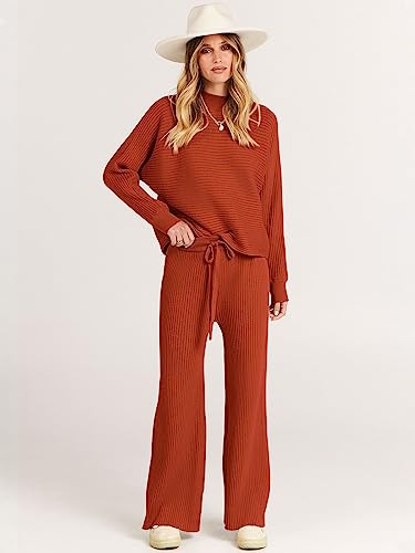 ANRABESS Women's 2 Piece Sweater Lounge Set Creneck Long Sleeve Ribbed Knit Pullover Crop Top and Straight Pants 582shenxiuhong-S Rust