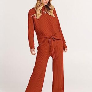 ANRABESS Women's 2 Piece Sweater Lounge Set Creneck Long Sleeve Ribbed Knit Pullover Crop Top and Straight Pants 582shenxiuhong-S Rust