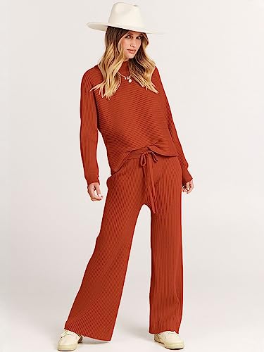 ANRABESS Women's 2 Piece Sweater Lounge Set Creneck Long Sleeve Ribbed Knit Pullover Crop Top and Straight Pants 582shenxiuhong-S Rust