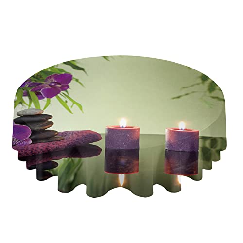 Round Tablecloth 60 Inch Zen Spa Waterproof Oil-Proof Vinyl Table Cloth Butterfly Orchid Zen Basalt Stones Candle Purple Kitchen Spillproof Oilcloths Table Cover for Indoor and Outdoor Use