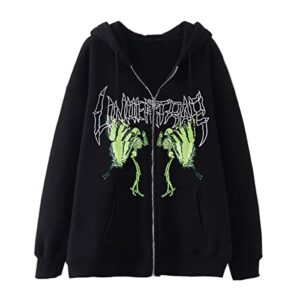 y2k sweatshirt women men oversized aesthetic zip up hoodie vintage graphic printed skeleton skull bone butterfly halloween harajuku gothic casual teen girls loose jacket tops black skeleton butterfly