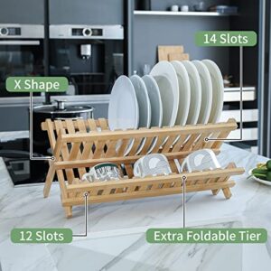 ZROOY Bamboo Dish Drying Rack, 2-Tier Bamboo Dish Rack Collapsible roll up Dish Drainer for Kitchen Counter,Wooden Dish Drying Rack by Natural,