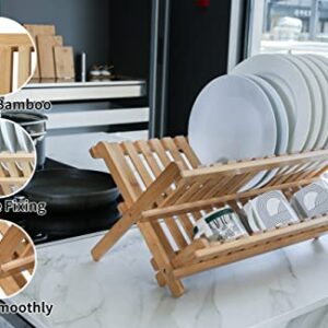 ZROOY Bamboo Dish Drying Rack, 2-Tier Bamboo Dish Rack Collapsible roll up Dish Drainer for Kitchen Counter,Wooden Dish Drying Rack by Natural,