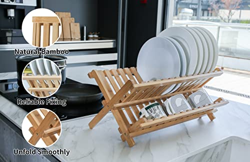 ZROOY Bamboo Dish Drying Rack, 2-Tier Bamboo Dish Rack Collapsible roll up Dish Drainer for Kitchen Counter,Wooden Dish Drying Rack by Natural,