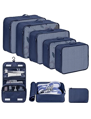 DIMJ Packing Cubes for Travel, 8 Set Luggage Packing Organizers Lightweight Suitcase Storage Bag with Multiple Sizes Travel Bag for Clothes Shoes Cosmetics Toiletries (Navy blue)