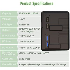 Palowextra 12500mAh 185Wh V Mount/V-Lock Battery with Dual D-Tap & USB Port with v Mount Charger for Sony HDCAM, XDCAM, Digital Cinema Cameras,DSLR BMPCC 4K, LED Light, Monitor and Other Camcorders