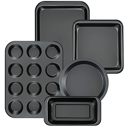 Baking Pans Nonstick Set, 5-Piece Bakeware Sets with Round/Square Cake Pan, Muffin Pan, Loaf Pan, Roast Pan, Baking Sheets for Oven, mobzio Kitchen Cookware Sets Baking Supplies