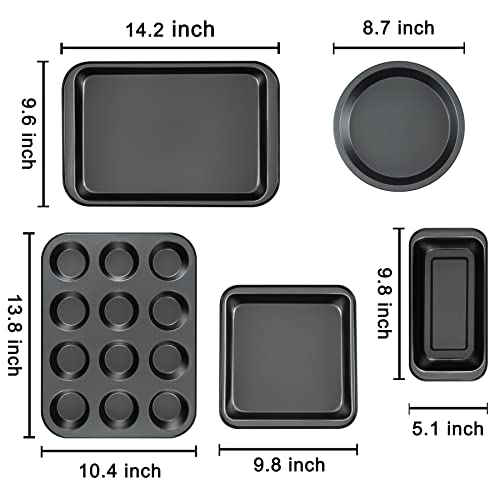 Baking Pans Nonstick Set, 5-Piece Bakeware Sets with Round/Square Cake Pan, Muffin Pan, Loaf Pan, Roast Pan, Baking Sheets for Oven, mobzio Kitchen Cookware Sets Baking Supplies