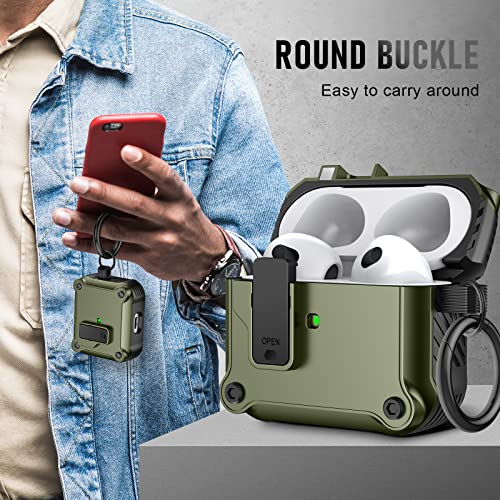 Valkit for Apple Airpods 3rd Generation Case Cover with Lock Cool AirPod 3 Case with Keychain for Men Women Military Hard Shell Rugged Shockproof Air Pod 3 Case for AirPod 3rd Gen Case 2021, ArmyGreen