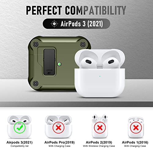 Valkit for Apple Airpods 3rd Generation Case Cover with Lock Cool AirPod 3 Case with Keychain for Men Women Military Hard Shell Rugged Shockproof Air Pod 3 Case for AirPod 3rd Gen Case 2021, ArmyGreen