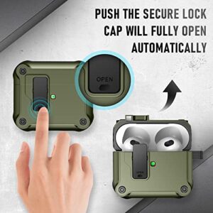 Valkit for Apple Airpods 3rd Generation Case Cover with Lock Cool AirPod 3 Case with Keychain for Men Women Military Hard Shell Rugged Shockproof Air Pod 3 Case for AirPod 3rd Gen Case 2021, ArmyGreen