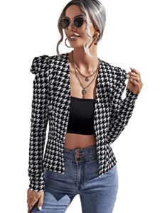 sweatyrocks women's casual houndstooth blazer long puff sleeve open front jacket black white m