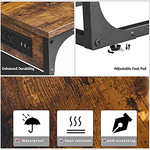 Snack Side Table, C Shaped End Table with Charging Station & USB Ports, Couch Table with Cloth Bag, Tv Tray, Small Bedside Table for Living Room, Bedroom