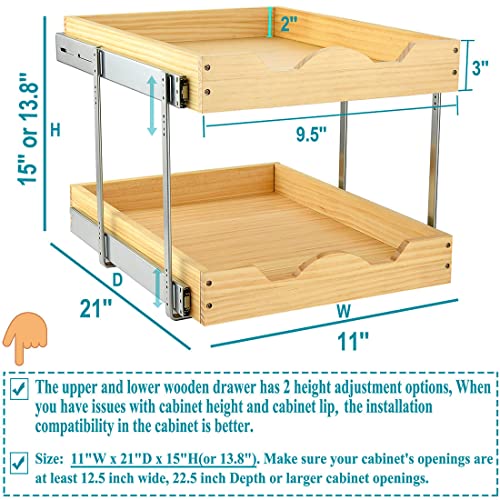 OCG 2 Tier Pull Out Drawers for Cabinets 11" W x 21" D, Double Tier Slide Out Wood Cabinet Organizer, Pull Out Shelves for Base Cabinet Organization in Kitchen, Pantry, Bathroom