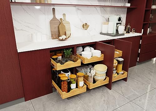 OCG 2 Tier Pull Out Drawers for Cabinets 11" W x 21" D, Double Tier Slide Out Wood Cabinet Organizer, Pull Out Shelves for Base Cabinet Organization in Kitchen, Pantry, Bathroom