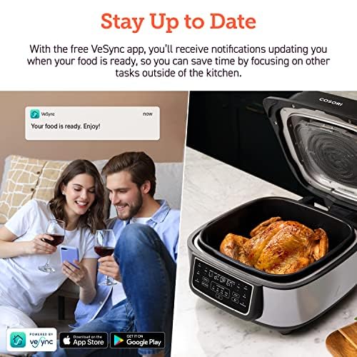 COSORI Electric Smokeless Indoor Grill & Smart XL Air Fryer Combo, 8-in-1, 6QT, 100 Recipes, Grill, Broil, Roast, Bake, Crisp, Dehydrate and More, Compatible with Alexa & Google Assistant, Silver