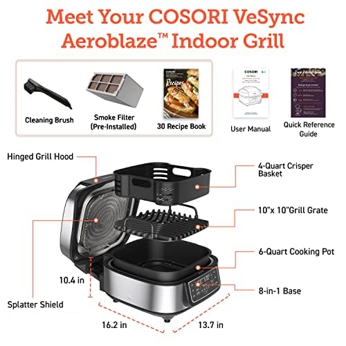 COSORI Electric Smokeless Indoor Grill & Smart XL Air Fryer Combo, 8-in-1, 6QT, 100 Recipes, Grill, Broil, Roast, Bake, Crisp, Dehydrate and More, Compatible with Alexa & Google Assistant, Silver